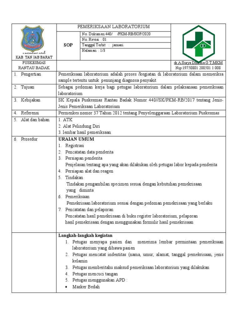 Sop Pemeriksaan Laboratorium 2020 | PDF