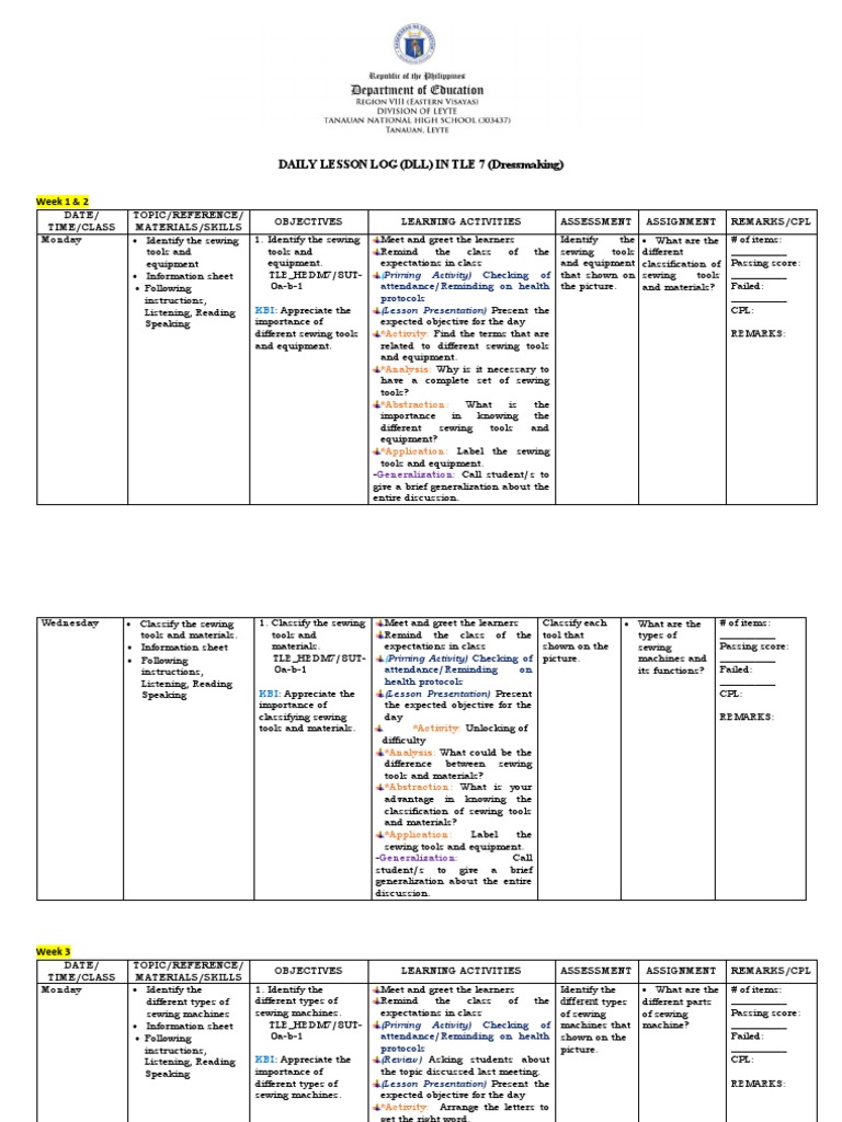 DLL in Dressmaking 7 | PDF