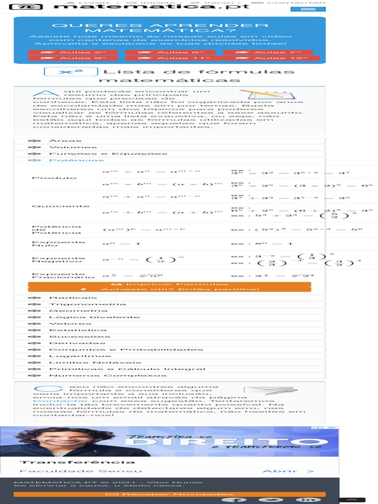 Principais Fórmulas de Matemática | PDF | Matemática | Exponenciação