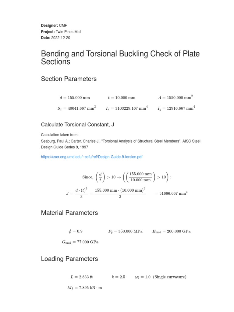 Bending and Torsional Buckling Check of Plate Sections: Section ...