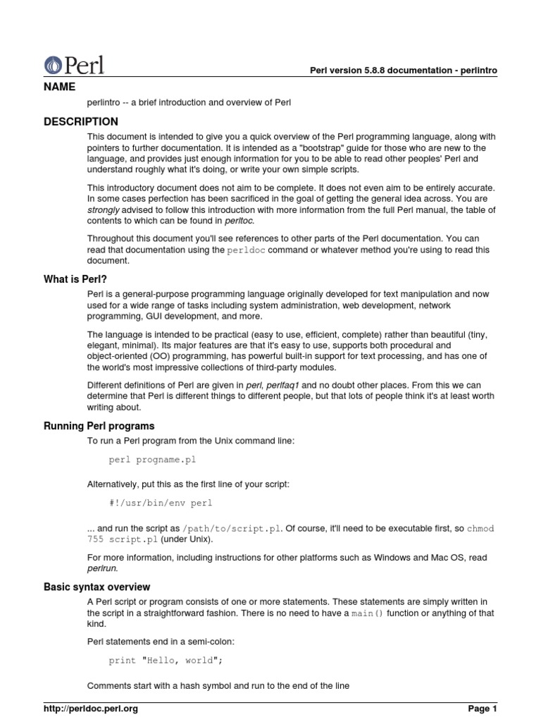 Perl Version 5 8 8 Documentation Perlintro Strongly Perltoc Pdf Perl Variable Computer
