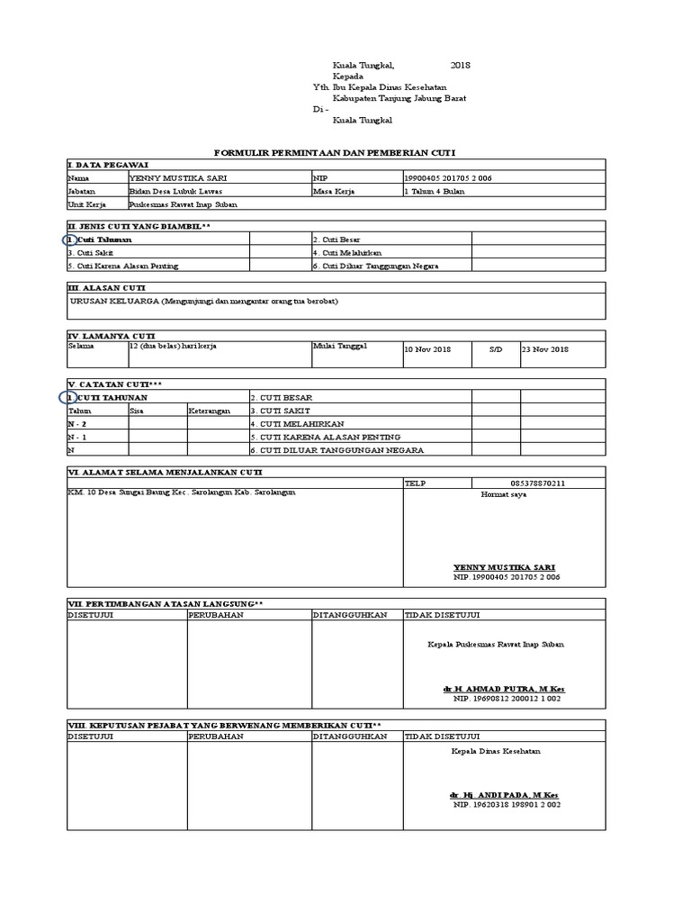Format Cuti 2018 | PDF