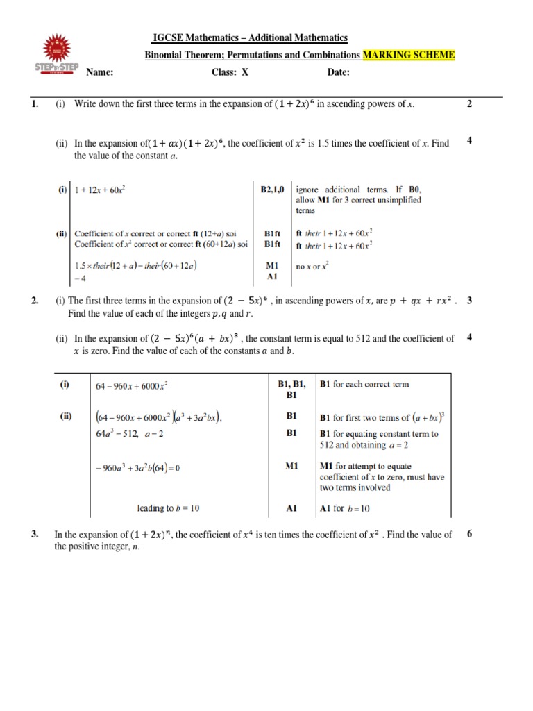 Binomial Theorem P and C Worksheet MARKING SCHEME | PDF | Arithmetic | Mathematical Concepts