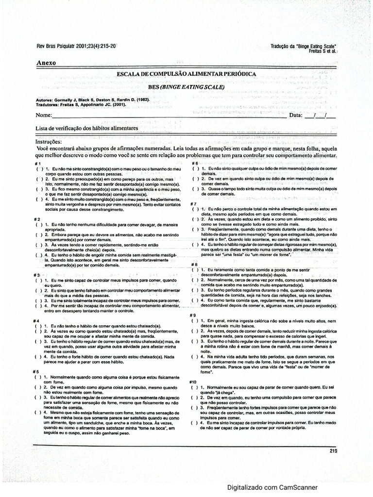 Escala de Complulsão Alimentar Periódica - BES (Binge Eating Scale) | PDF