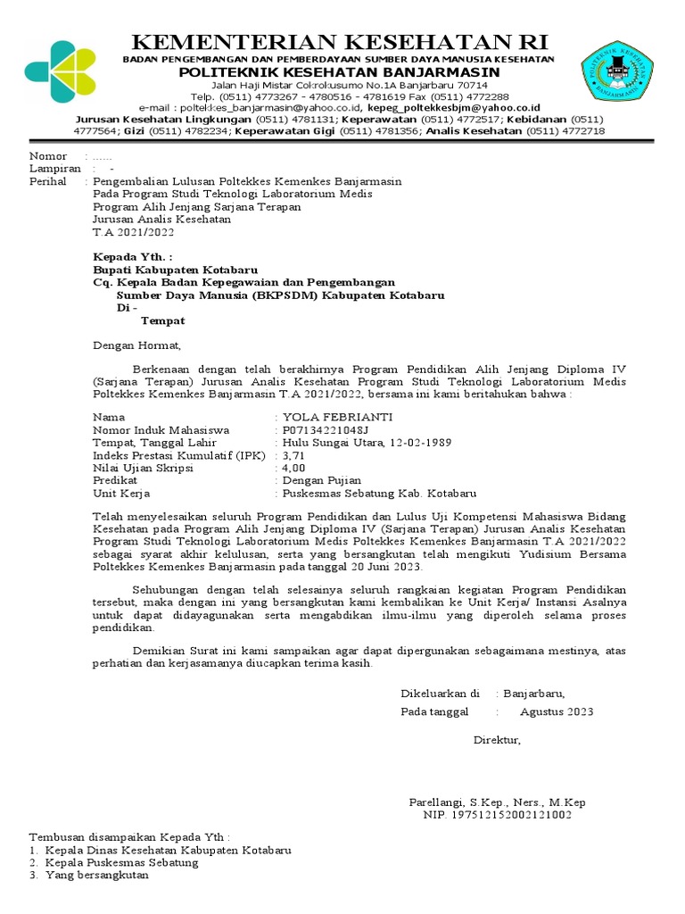 Surat Pengembalian PNS Tugas Belajar An. Yola Febrianti | PDF