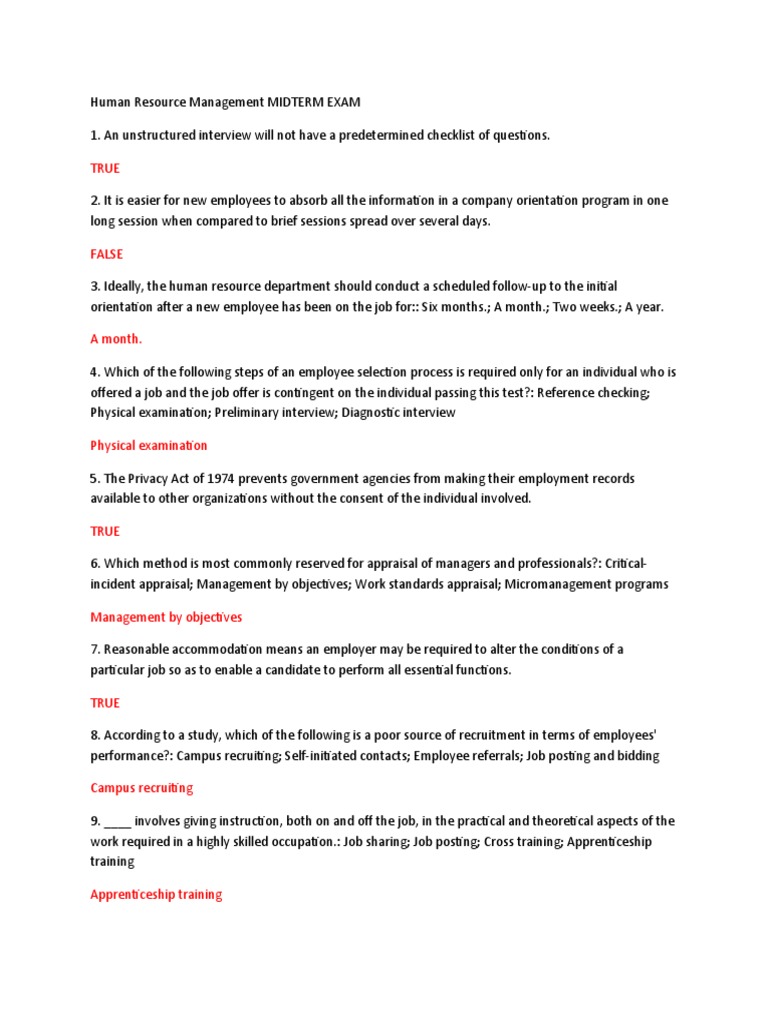 HRM Midterm Exam Questions & Answers | PDF