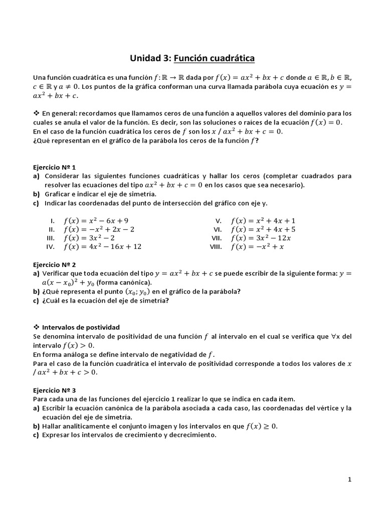 Funciones Cuadráticas: Ejercicios y Teoría | PDF | Ecuación cuadrática | Ecuaciones