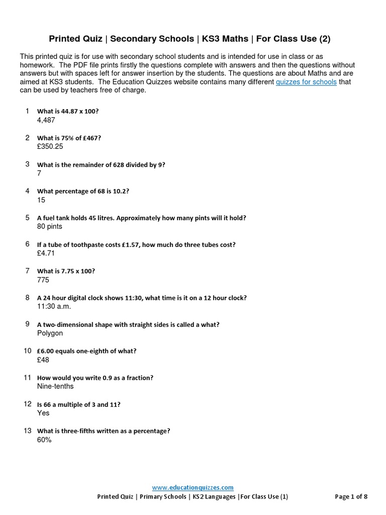 KS3 Maths Quiz for Students | PDF | Shape | Slope
