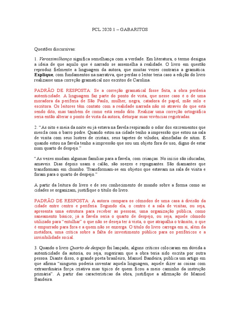 Gabarito Quarto de Despejo Discursivas | PDF