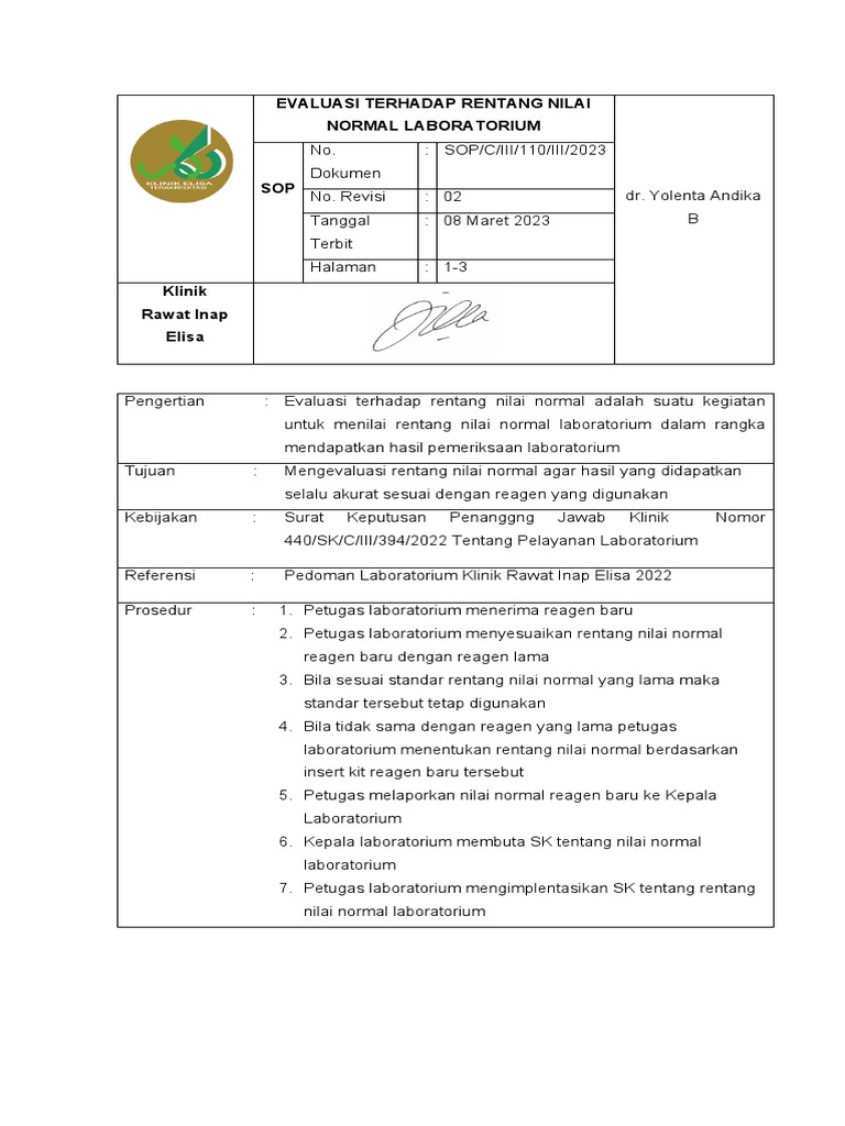 Sop 110 Rentang Nilai Normal | PDF