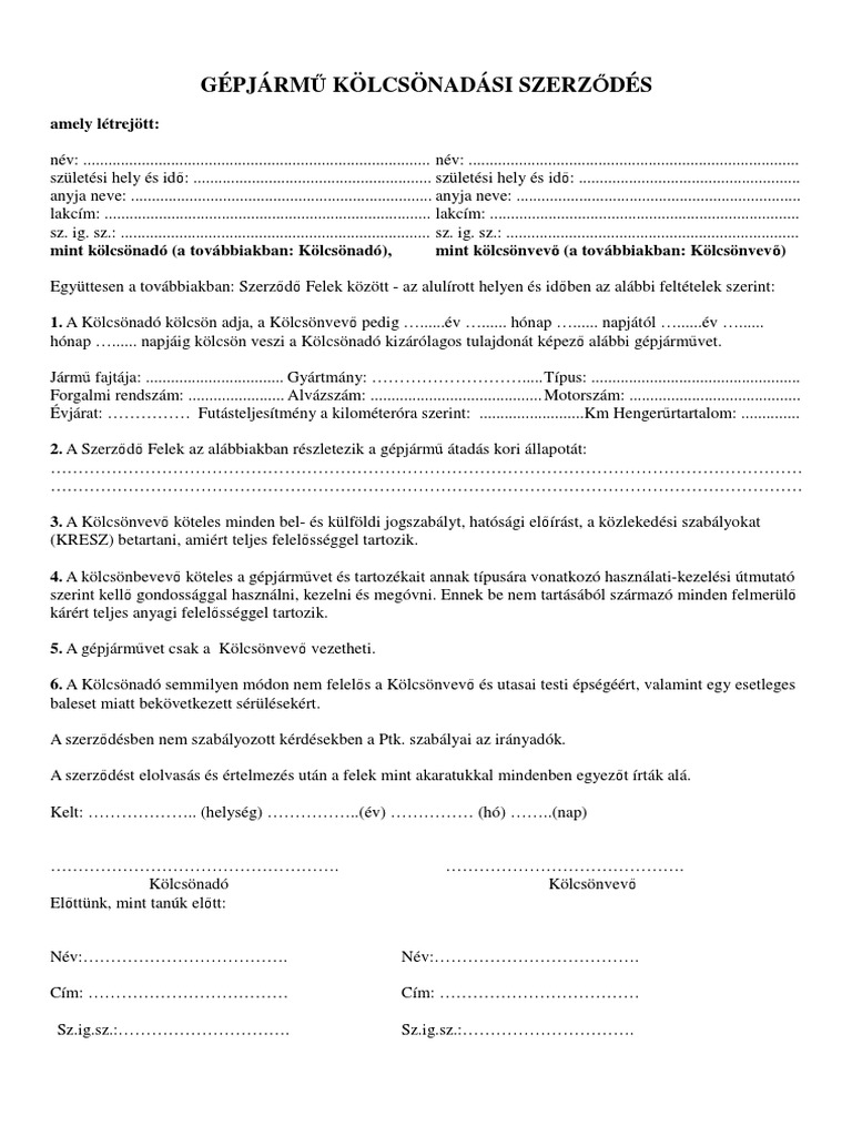 Gepjarmu Kolcsonadasi Szerzodes | PDF