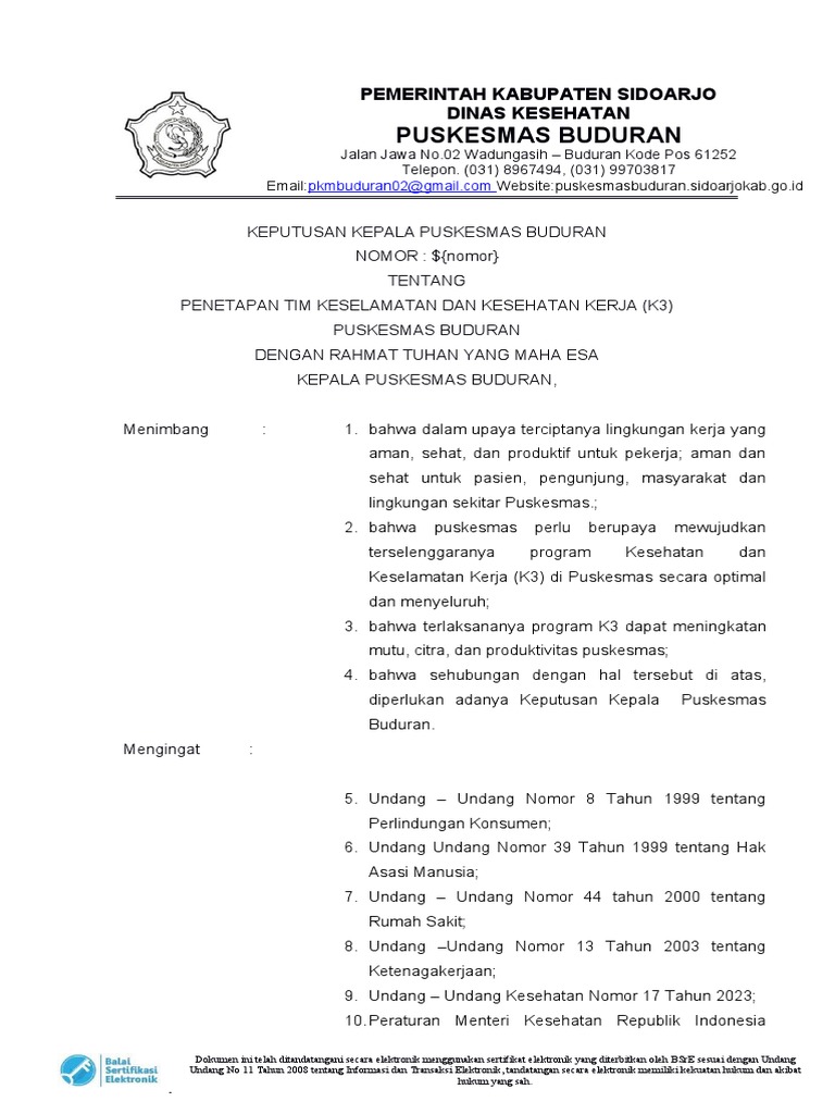 SK K3 Puskesmas Buduran | PDF