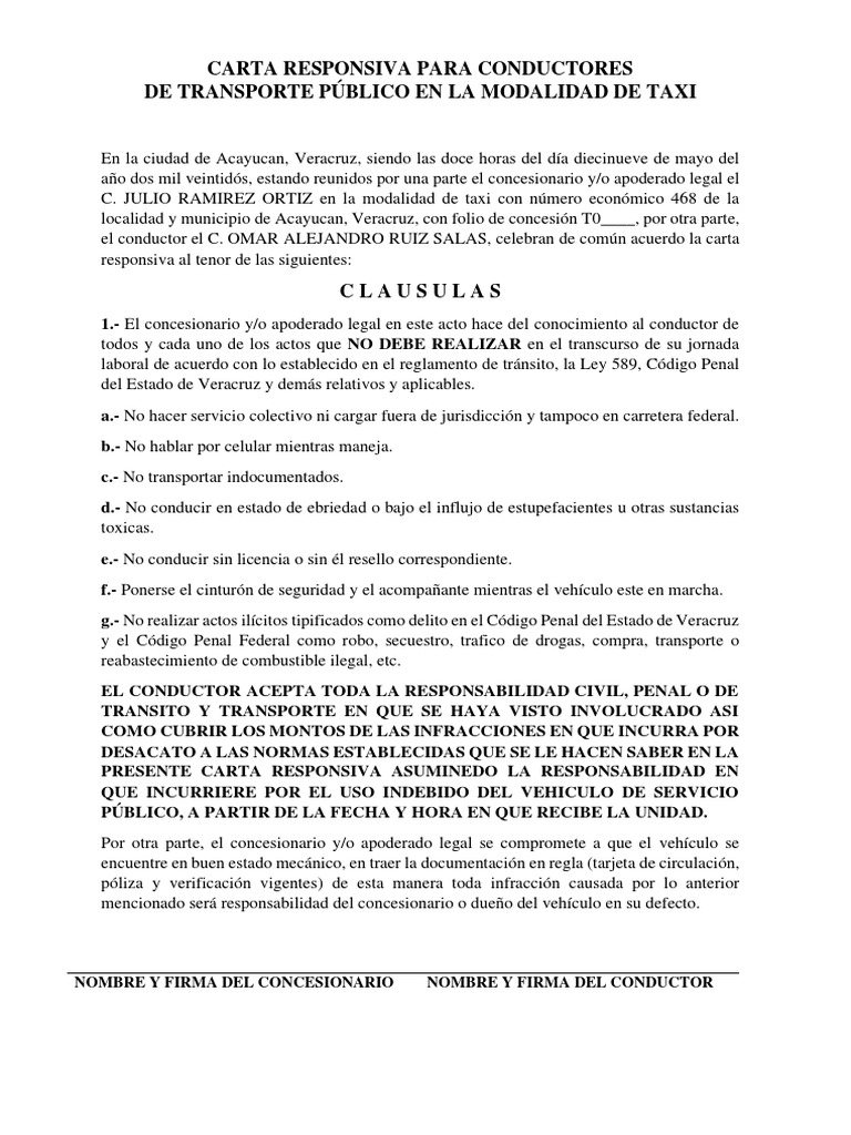 Carta Responsiva Conductor Julio | PDF