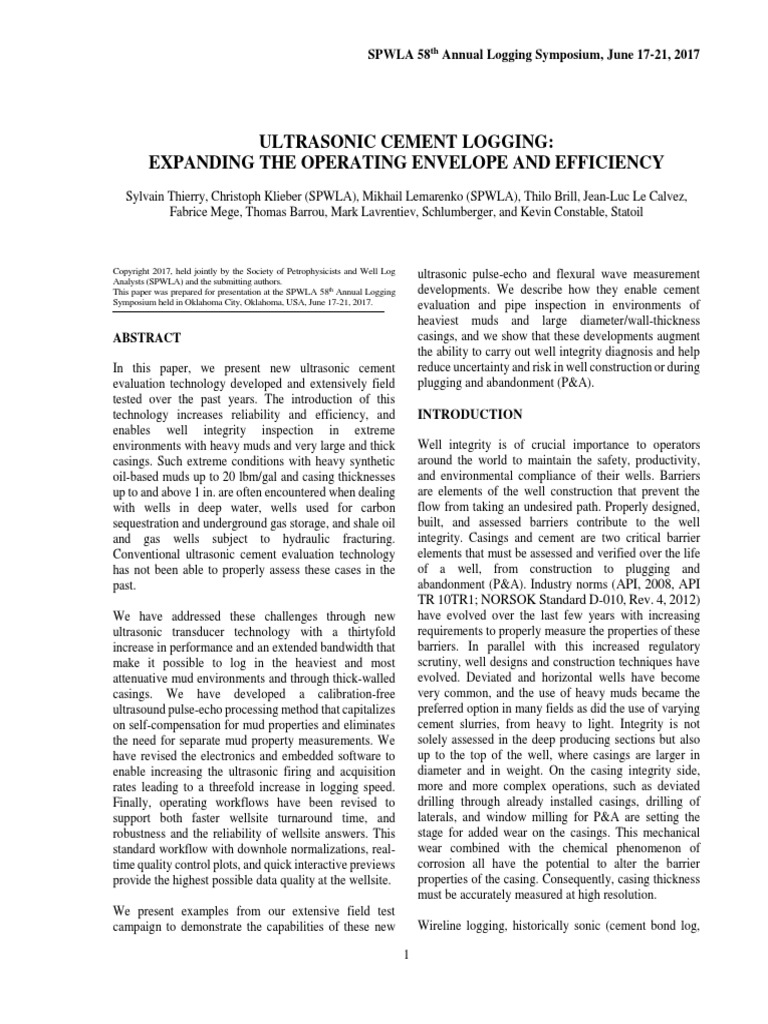 Ultrasonic Cement Logging | PDF | Ultrasound | Casing (Borehole)