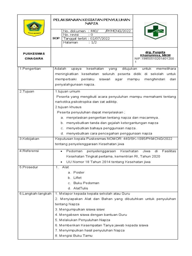 SOP Kegiatan Penyuluhan NAPZA | PDF