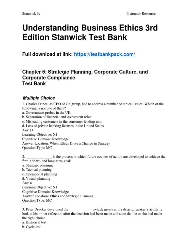 Understanding Business Ethics 3rd Edition Stanwick Test Bank Download | PDF