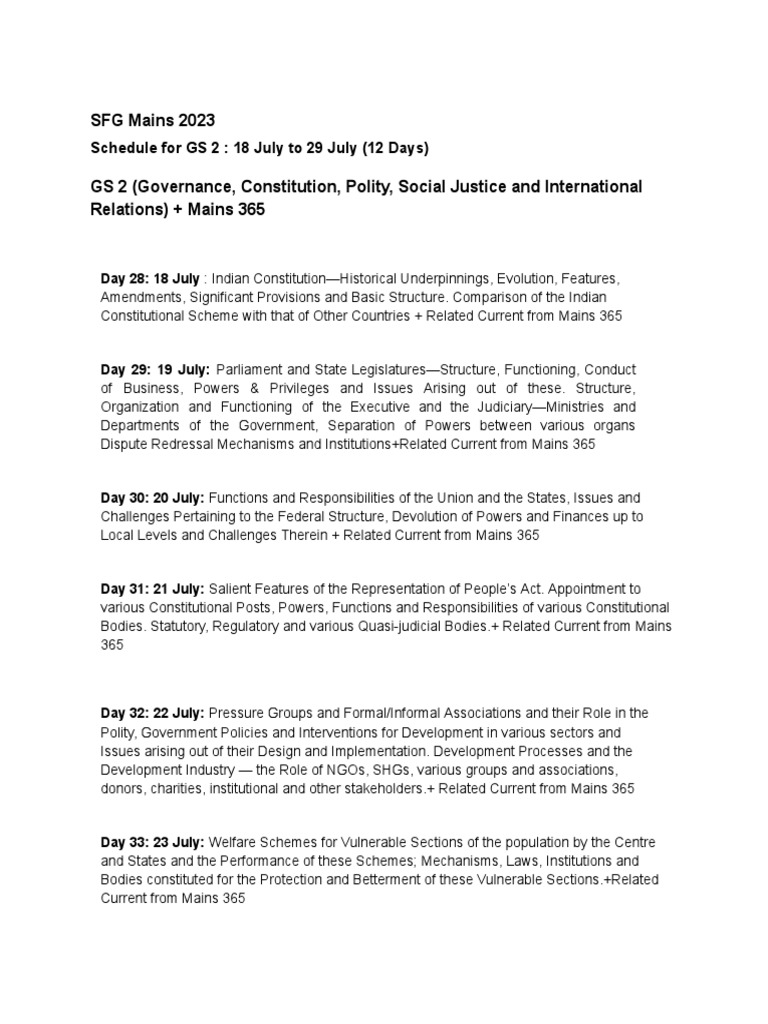 GS2 Mains 2023 Schedule: 18-29 July | PDF | Governance | Political Science