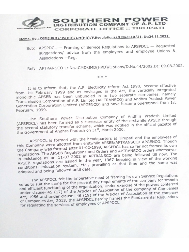 APSPDCL Draft Fundamental Regulations | PDF | Cost Of Living | Employment