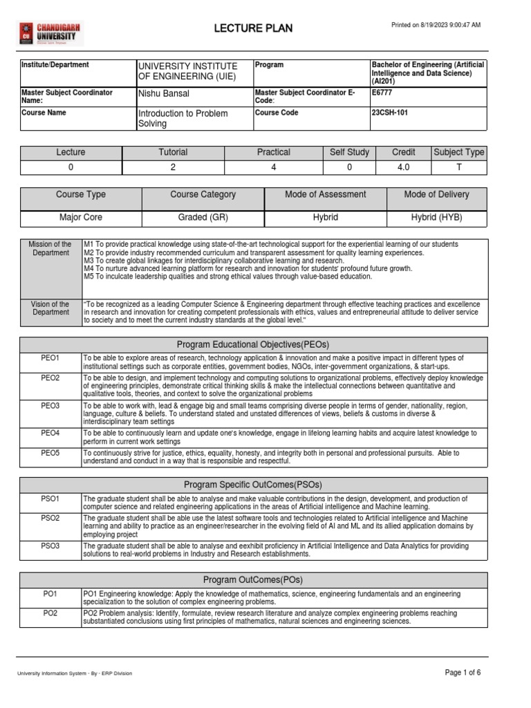 LecturePlan AI201 23CSH-101 | PDF | C (Programming Language) | Engineering