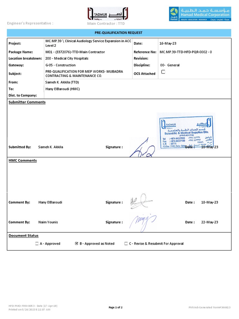 PQD - HMC (ACC) Code B MUBADARA CONTRACTING | PDF
