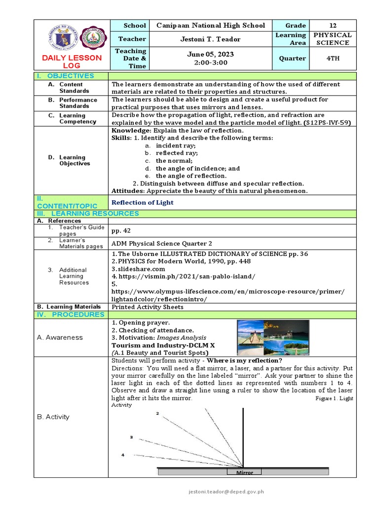 Lesson Plan Reflection Of Light Pdf
