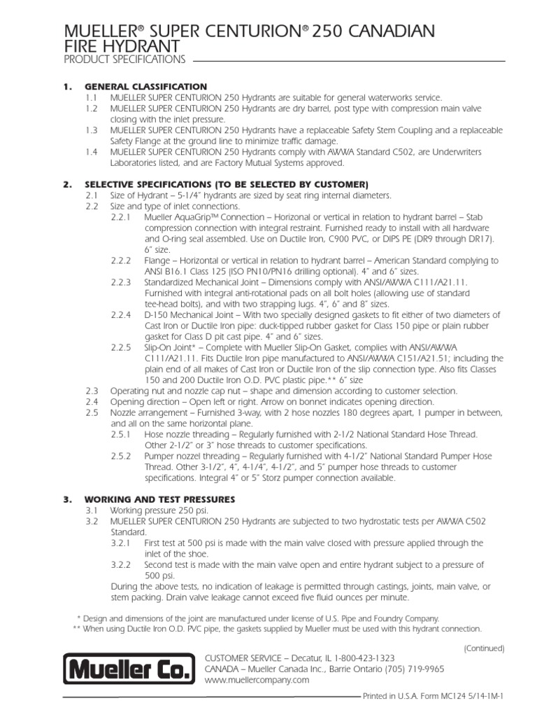 Mueller Super Centurion 250 Specification Mc124 | PDF