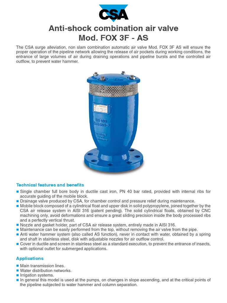FOX 3F As Water Anti-Slam Air Valve 11.2021 | PDF | Valve | Pipe (Fluid Conveyance)