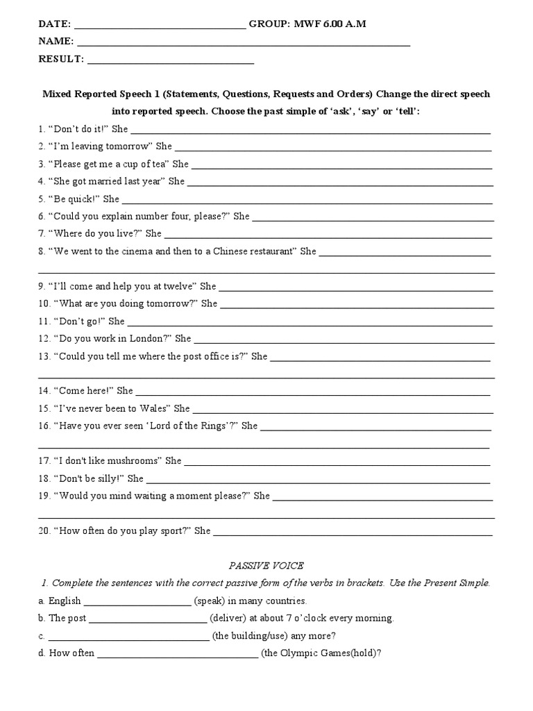 Passive Voice Indirect Speech Yozma Ish | PDF