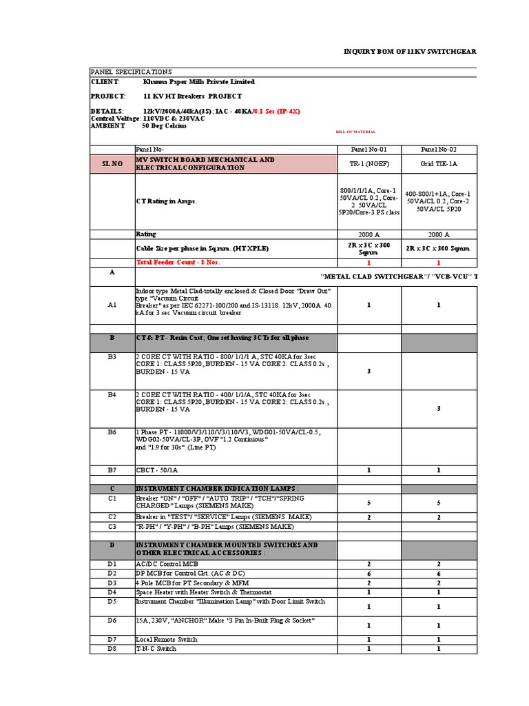 132 Kv Ht 11 Kv Breakers Bom (2) | PDF