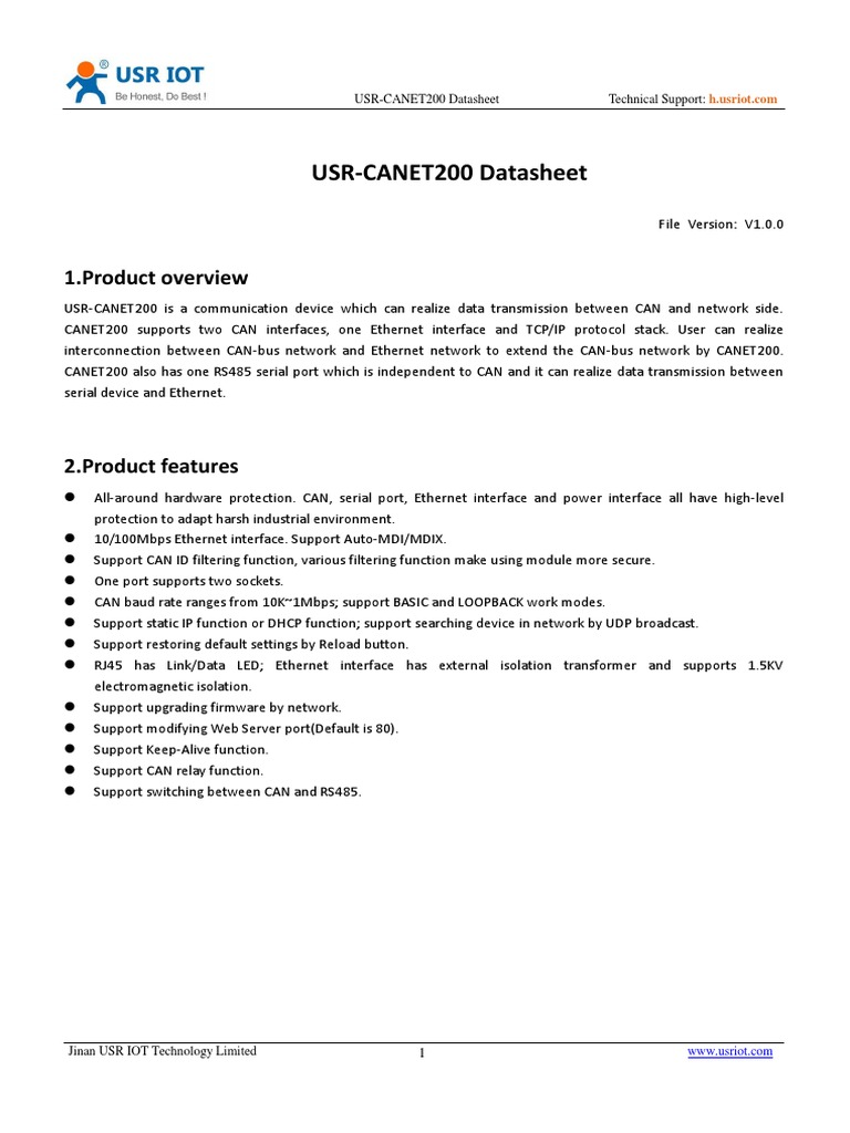 (Datasheet) USR-CANET200-Datasheet - V1 0 0 PDF | PDF