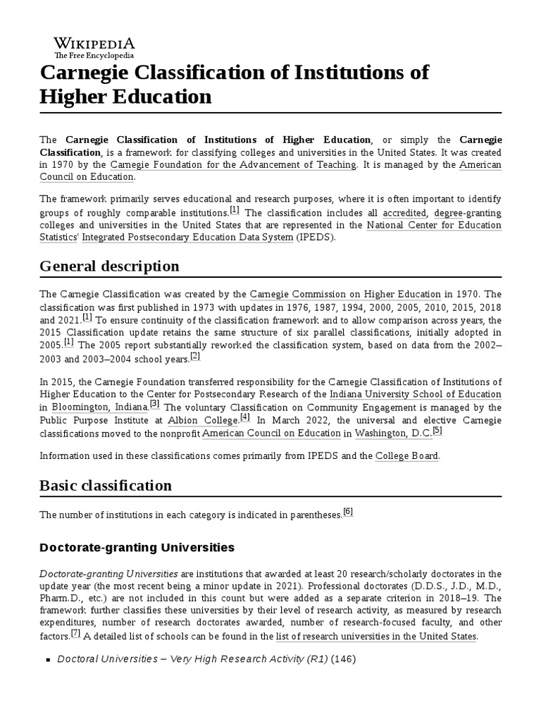 Carnegie Classification of Institutions of Higher Education | PDF ...