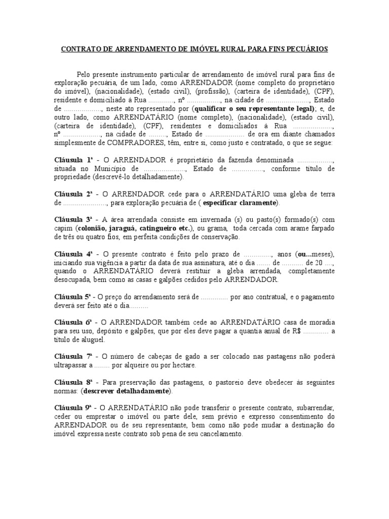 Contrato De Arrendamento De Propriedade Rural Para Exploracao Agricola