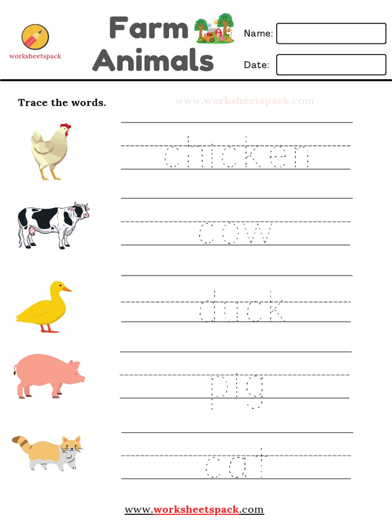 Farm Animals Words Tracing Worksheets | PDF