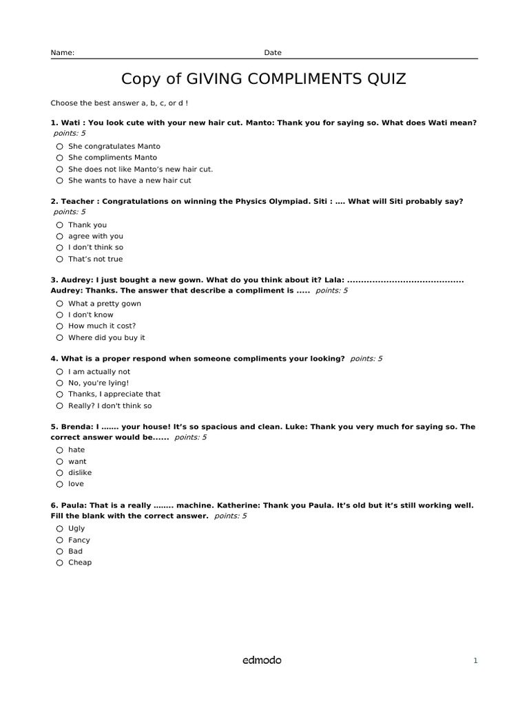 Giving Compliments Quiz | PDF