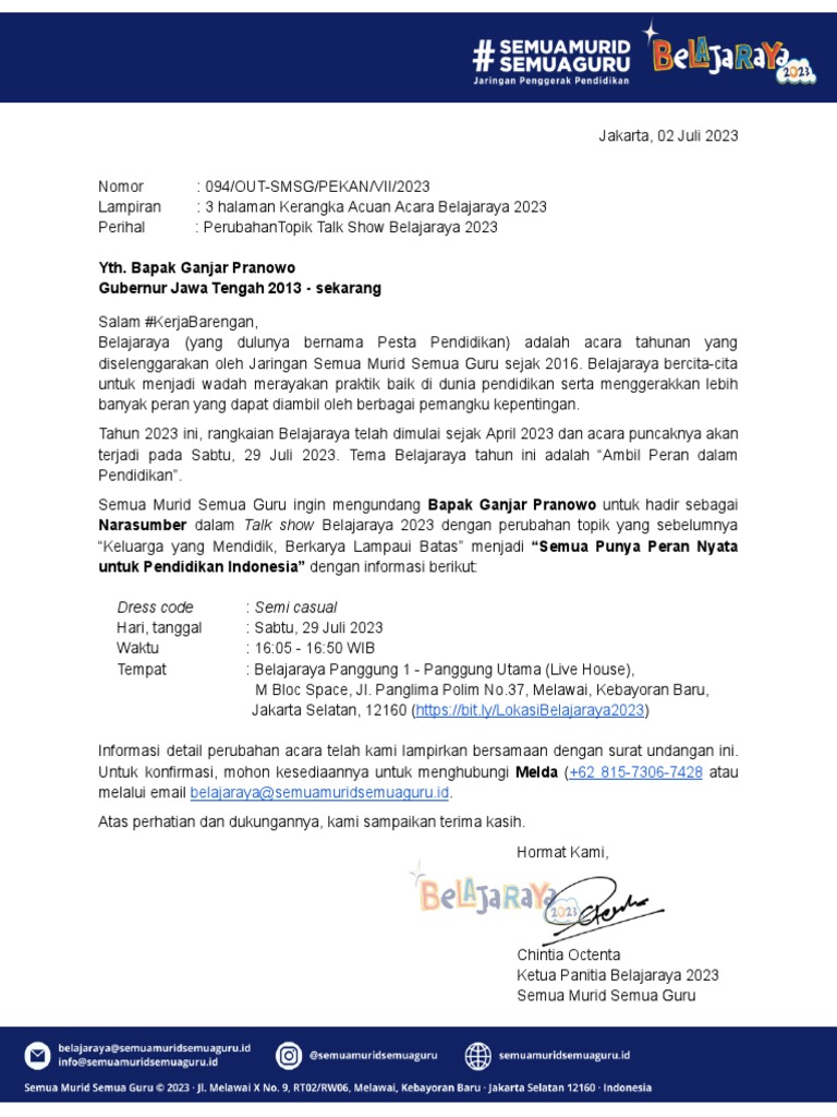 Undangan & TOR Talkshow Belajaraya - Ganjar Pranowo | PDF