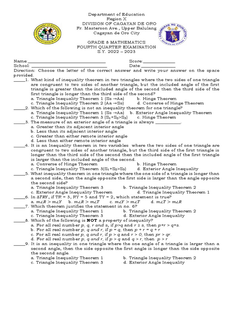MATH 8 4thquarter Exam | PDF