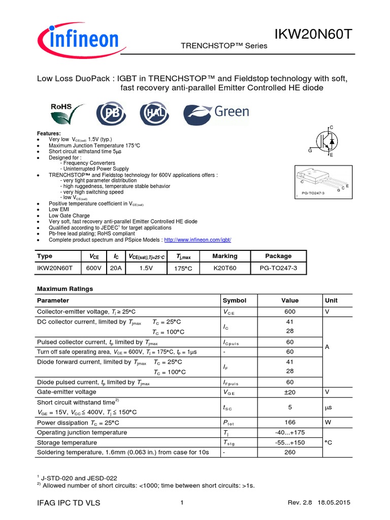 Infineon IKP - W20N60T DS v02 - 08 EN | PDF | Diode | Bipolar Junction Transistor