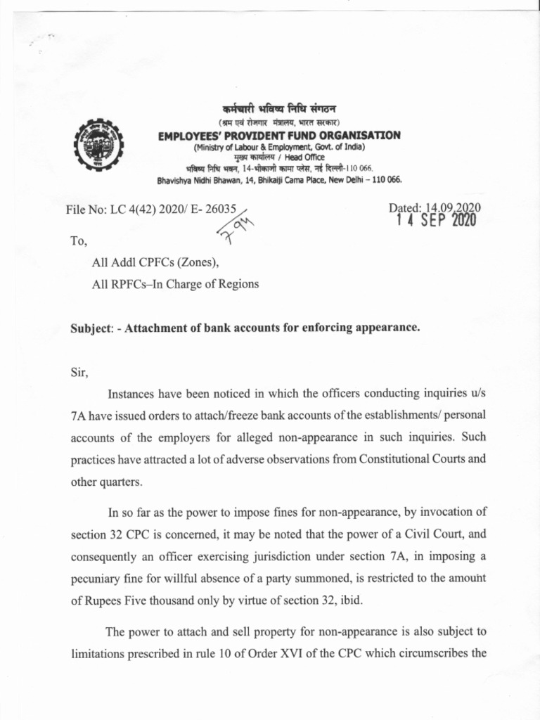 EPFO Circular on guidelines on attachment of bank accounts | PDF