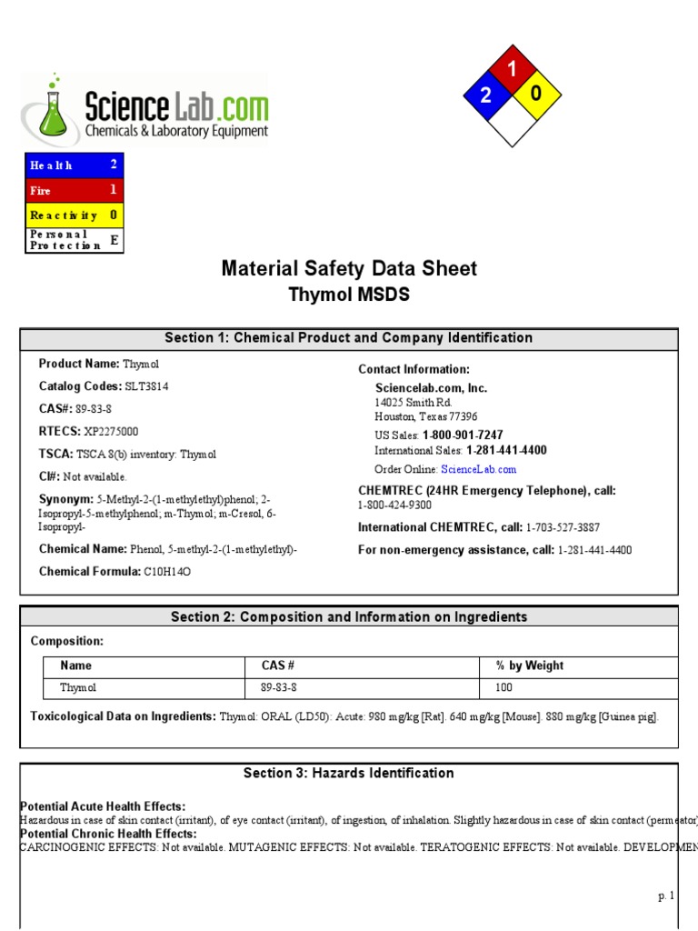 Msds THYMOL | Download Free PDF | Water | Personal Protective Equipment