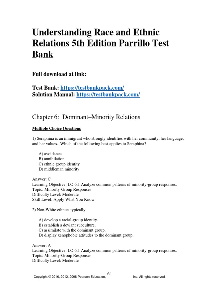 Understanding Race and Ethnic Relations 5th Edition Parrillo Test Bank ...