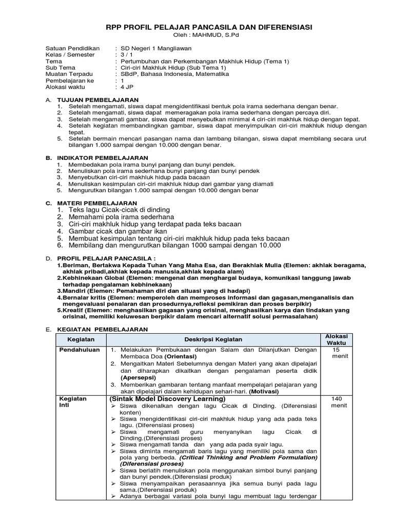 RPP Profil Pelajar Pancasila Dan Diferensiasi: (Sintak Model Discovery ...