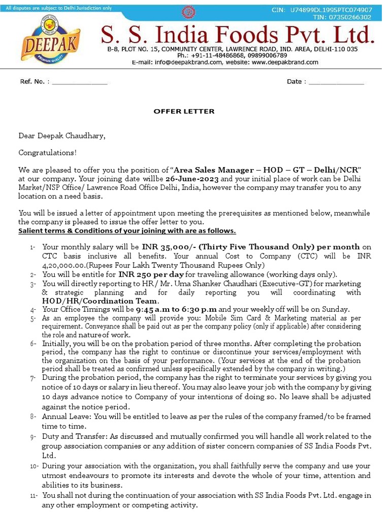 Offer Letter - Deepak Chaudhary | PDF | Employment | Economies
