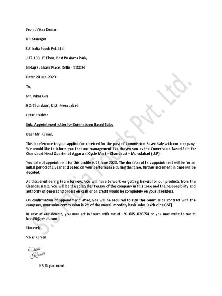 Commission-Based Sales Appointment Letter | PDF