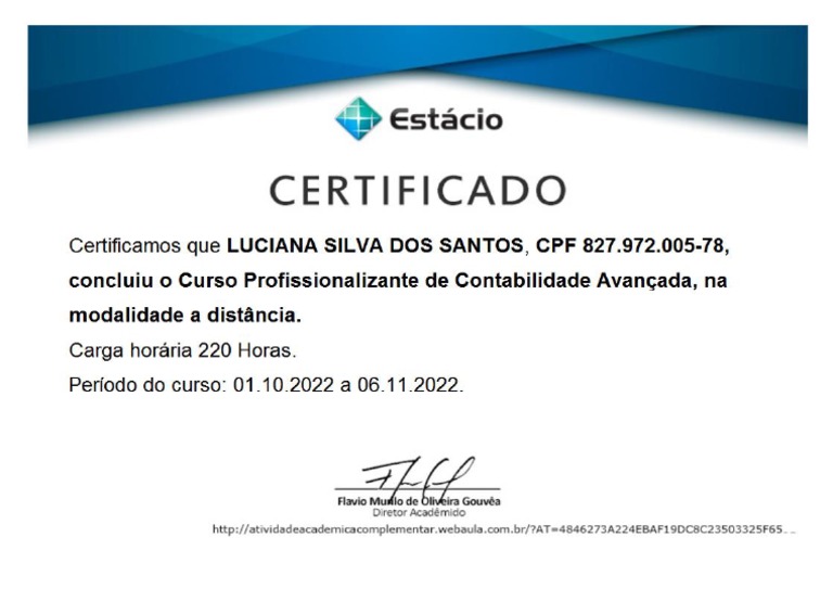 Certificado CONTABILIDADE Estácio - Luciana Santos | PDF