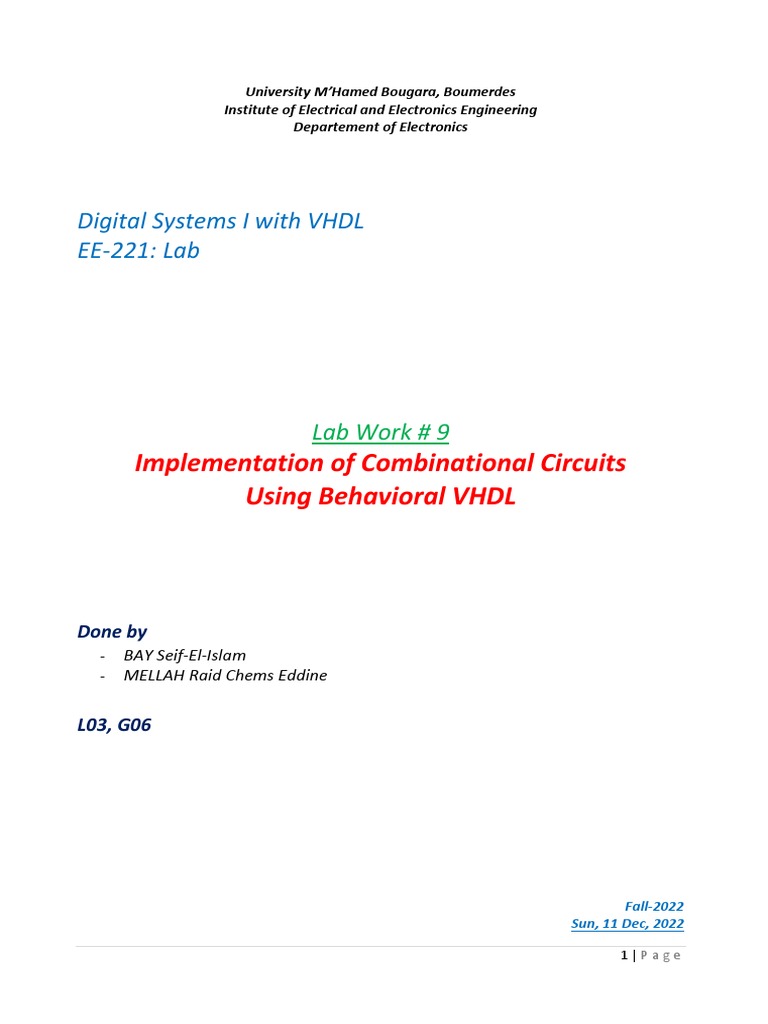 Lab 9 Implementation Of Combinational Circuits Using Behavioral Vhdl Pdf