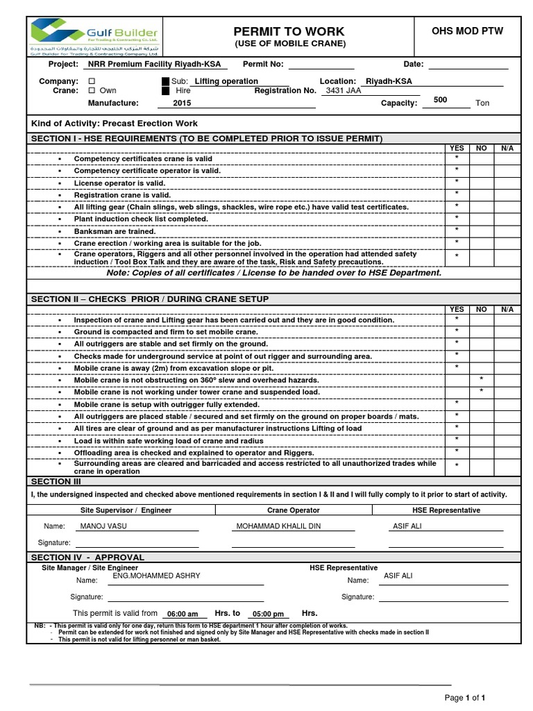 24 - Permit To Work - Mobile Crane 500T 2021 | PDF