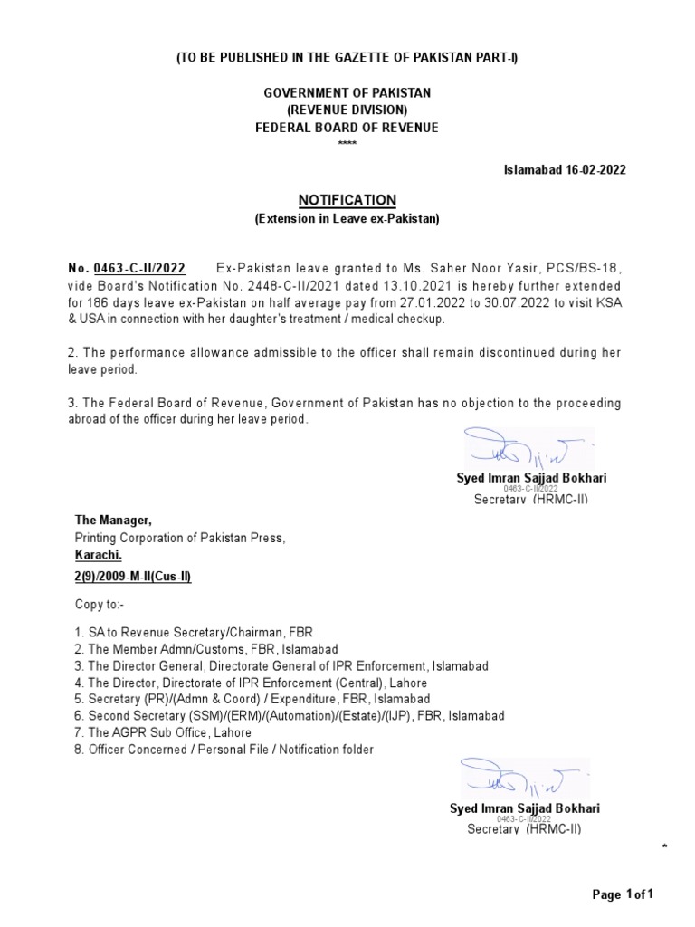 Ex-Pakistan Leave Extension Notification | PDF