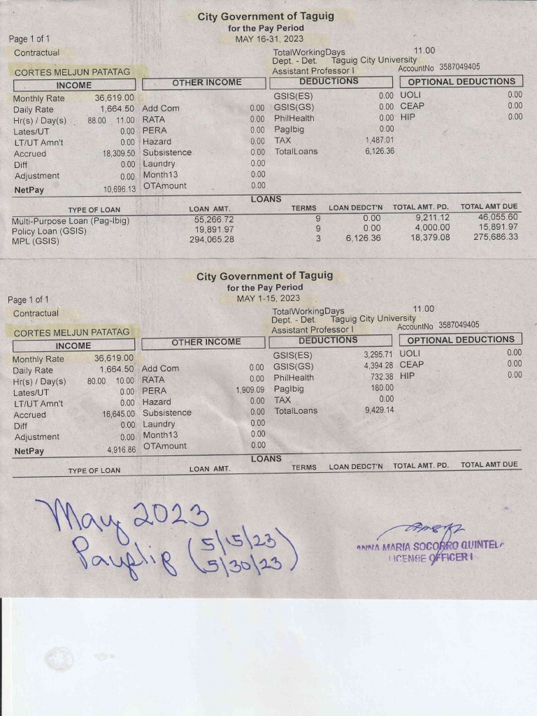 Payslip 2023 May (City Government of TAGUIG) | PDF | Taxes | Government ...