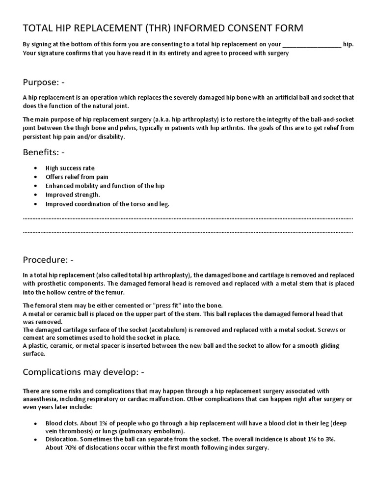 TOTAL HIP REPLACEMENT INFORMED CONSENT FORM | PDF
