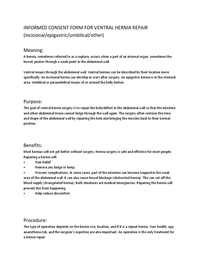 Informed Consent Form For Ventral Hernia Repair | PDF